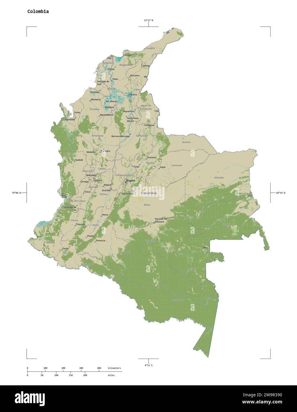Shape of a topographic, OSM Humanitarian style map of the Colombia ...