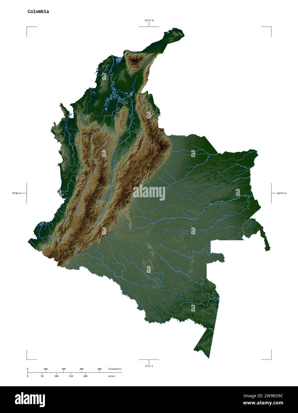 Shape of a Colored elevation map with lakes and rivers of the Colombia ...