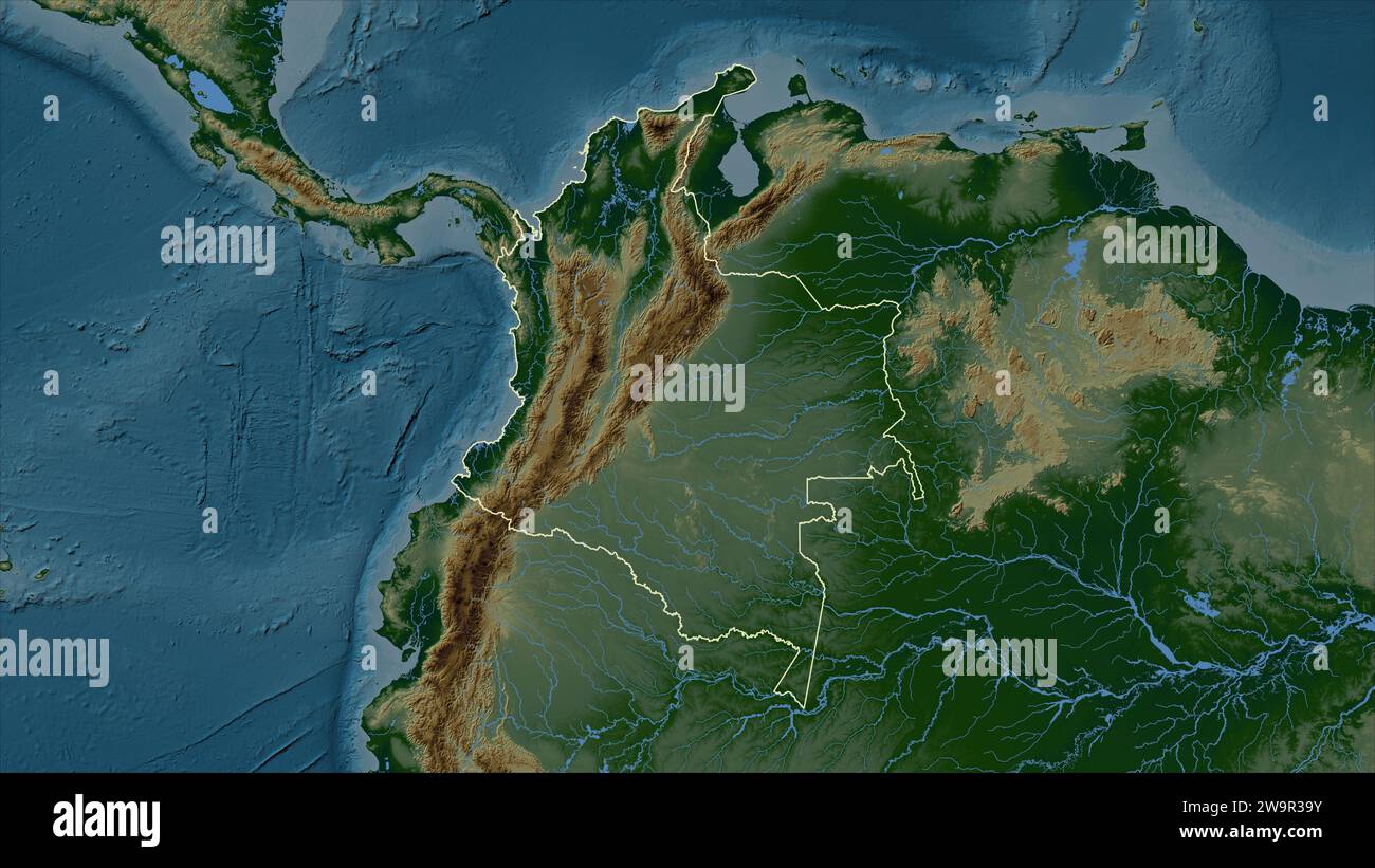 Colombia outlined on a Colored elevation map with lakes and rivers ...