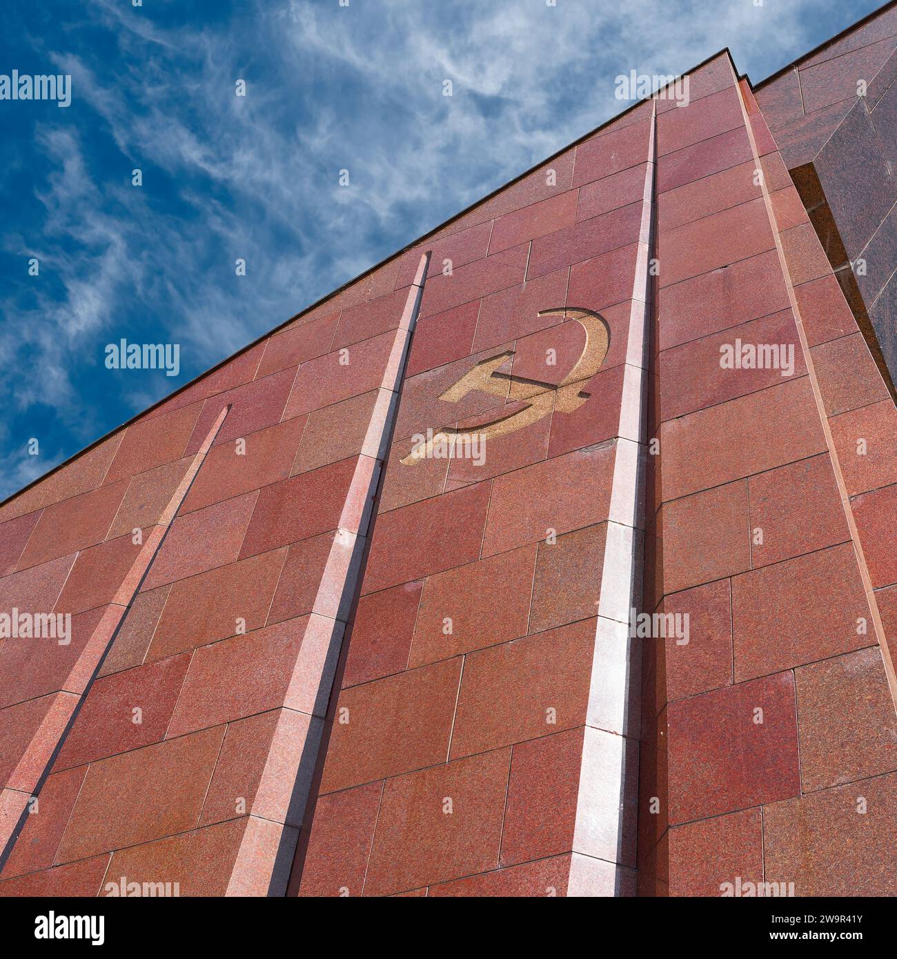 Detail of a monument in Treptower Park in Berlin with hammer and sickle ...