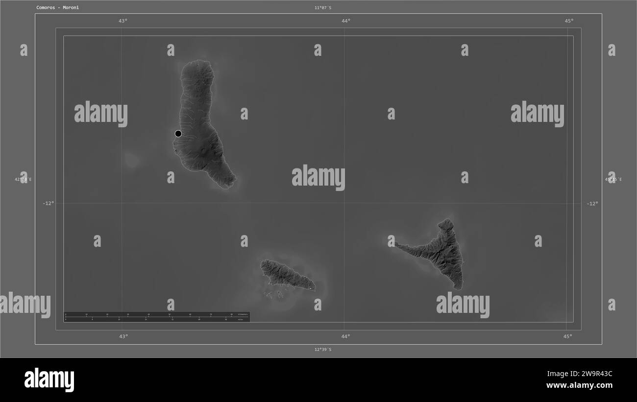 Comoros highlighted on a Grayscale elevation map with lakes and rivers ...