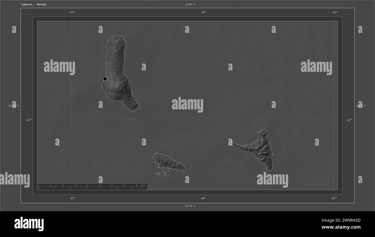Comoros highlighted on a Bilevel elevation map with lakes and rivers ...