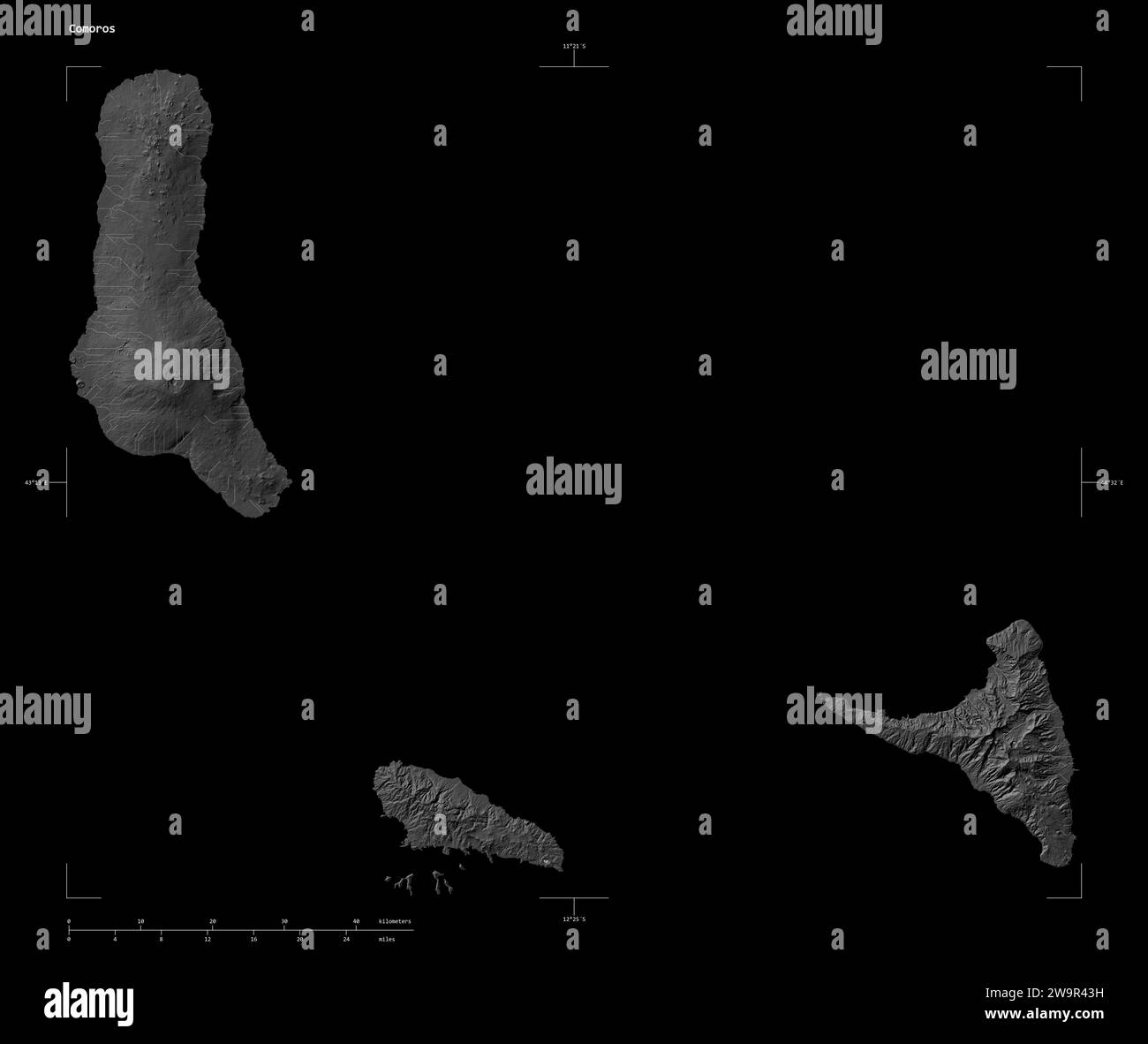 Shape of a Bilevel elevation map with lakes and rivers of the Comoros, with distance scale and ...