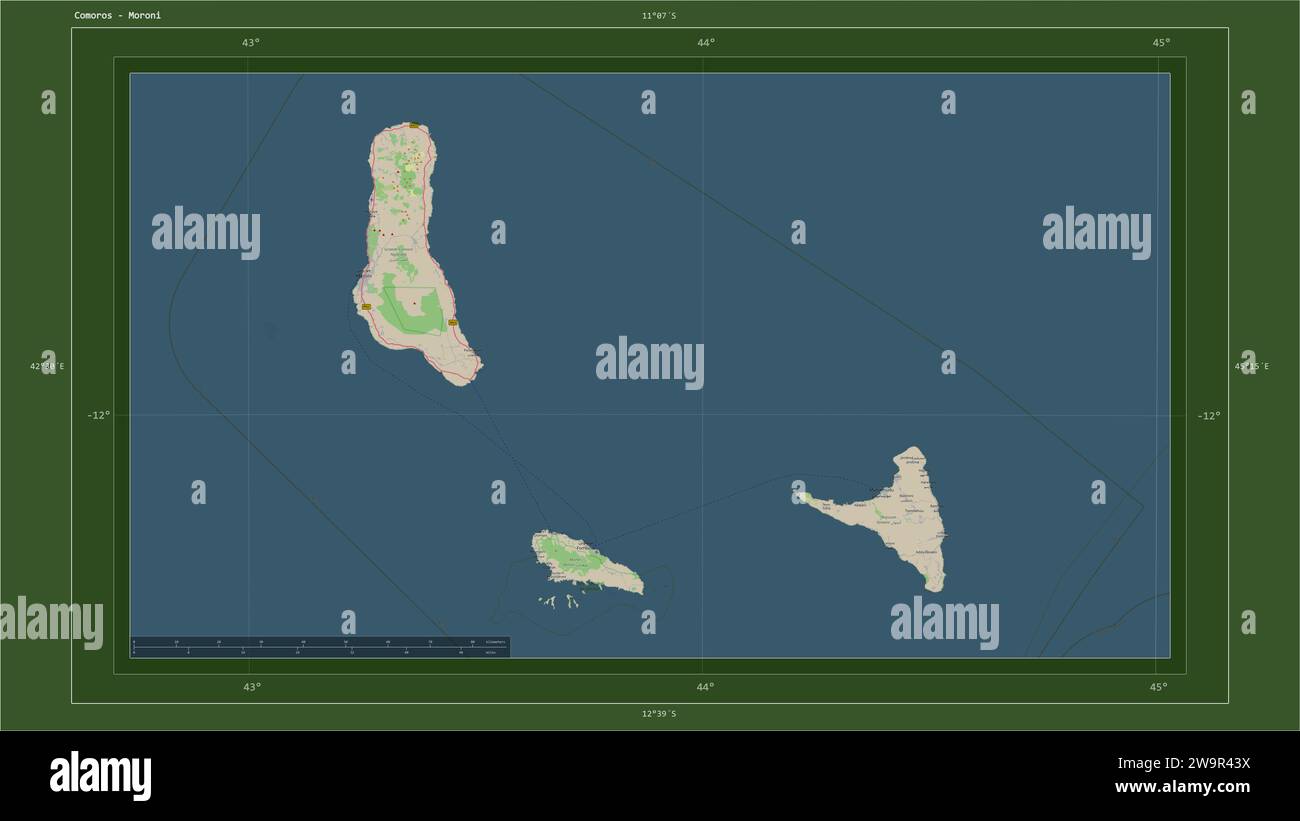 Comoros highlighted on a topographic, OSM Germany style map map with the country's capital point ...