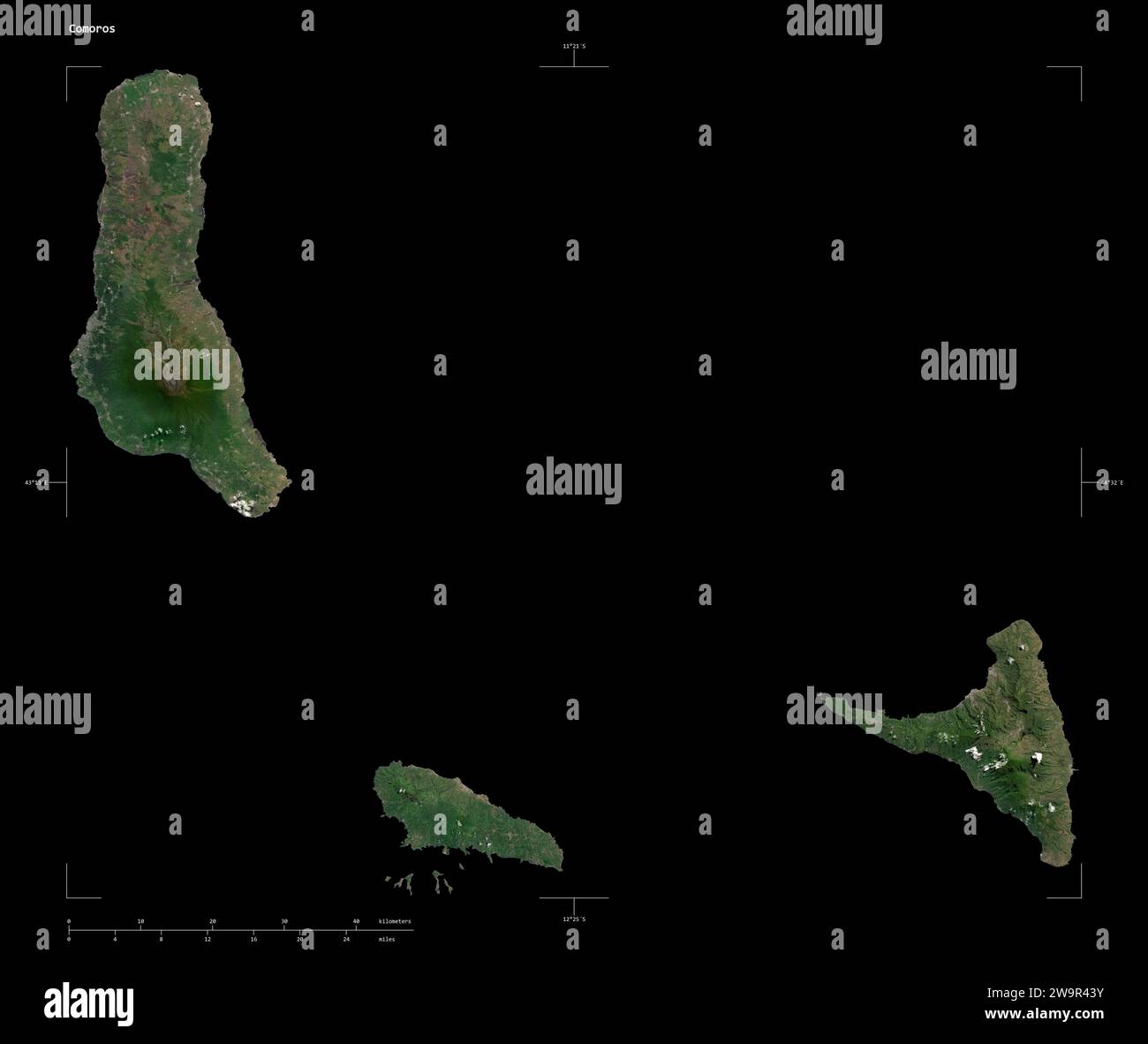 Shape of a high resolution satellite map of the Comoros, with distance ...