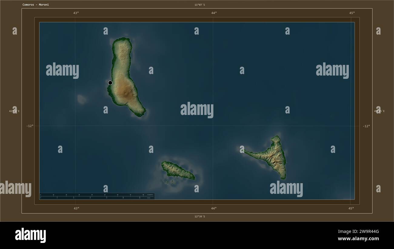 Comoros highlighted on a Colored elevation map with lakes and rivers ...
