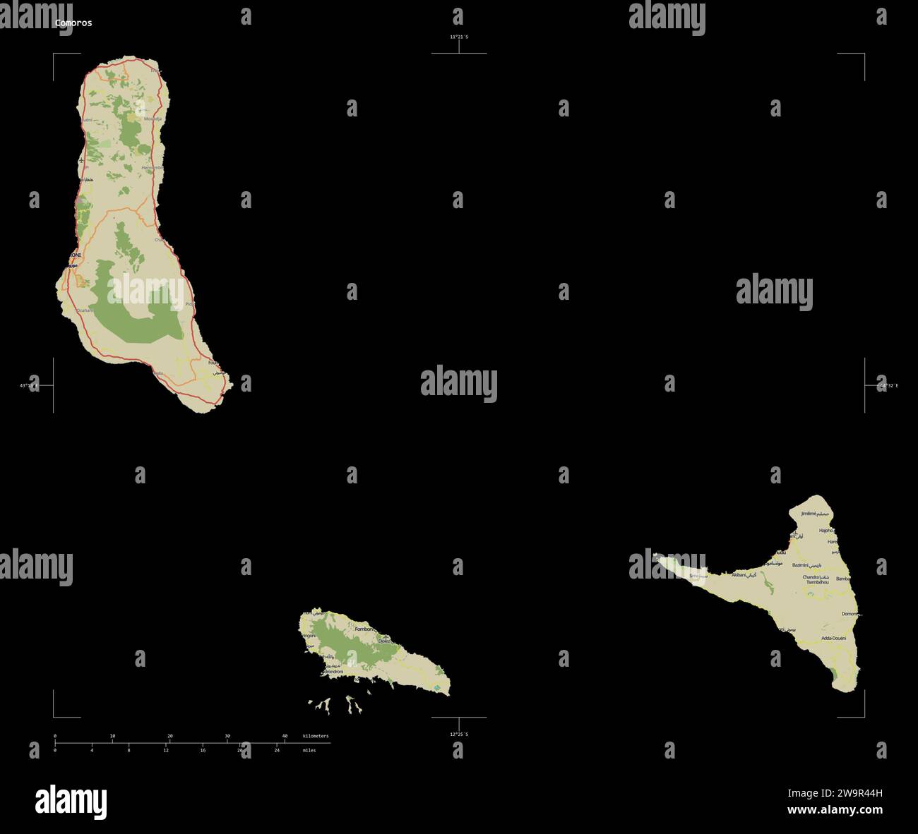 Shape of a topographic, OSM Humanitarian style map of the Comoros, with ...