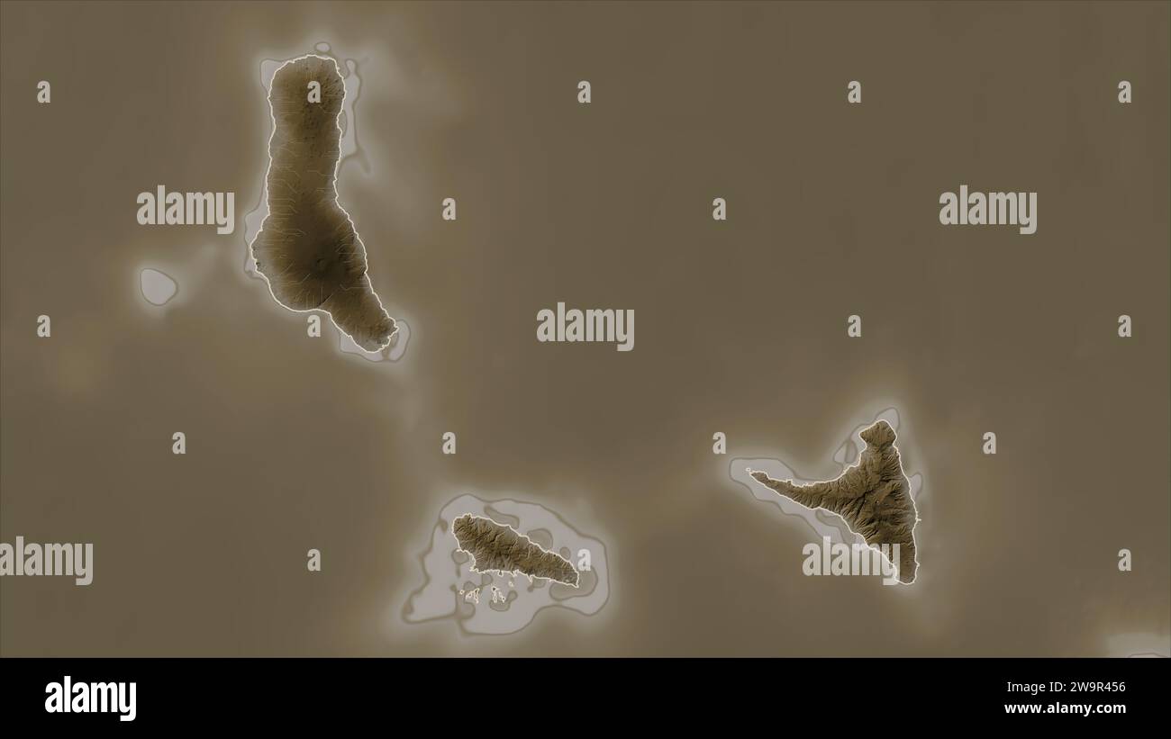 Comoros outlined on a elevation map colored in sepia tones with lakes ...