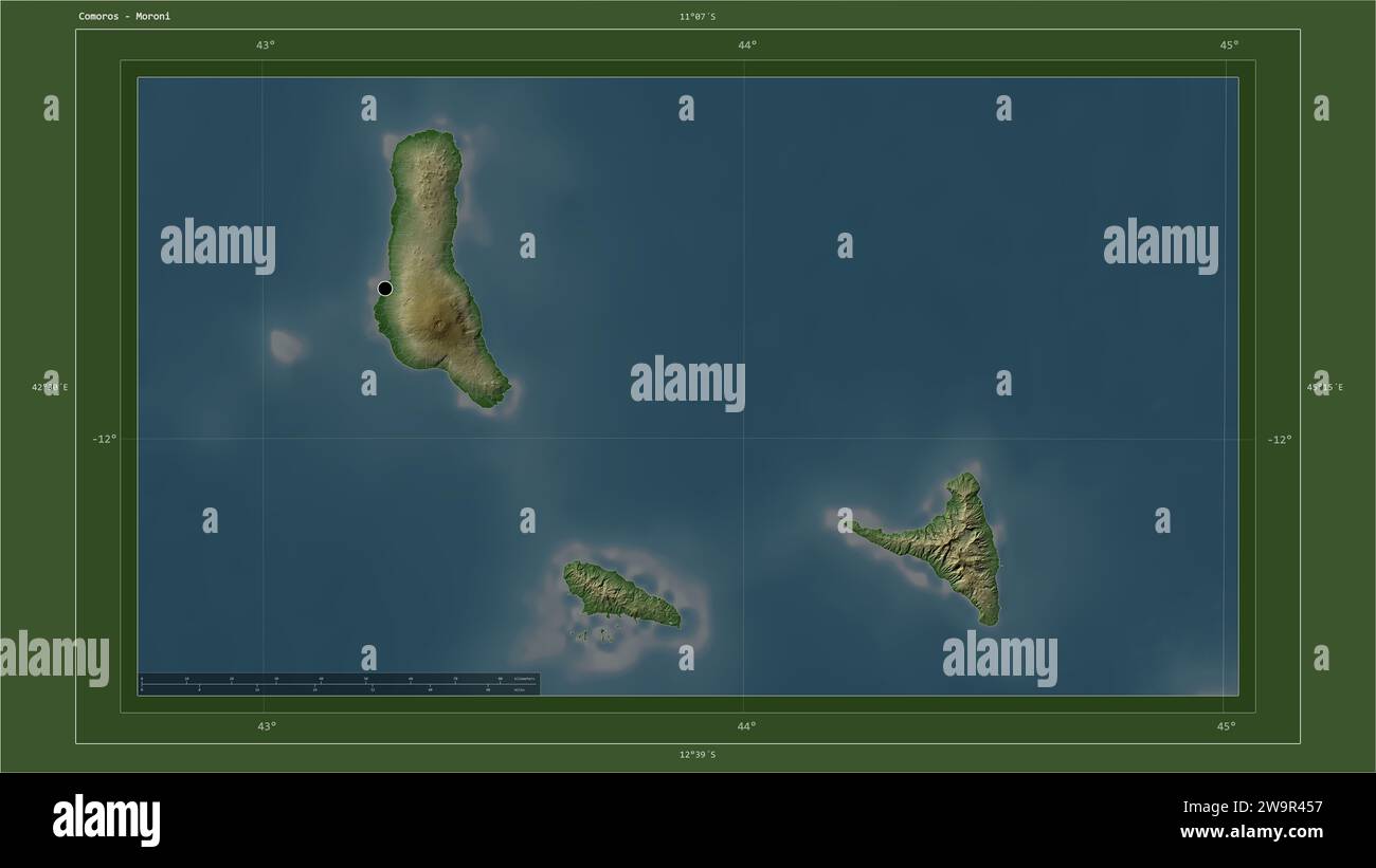 Comoros highlighted on a Pale colored elevation map with lakes and rivers map with the country's ...
