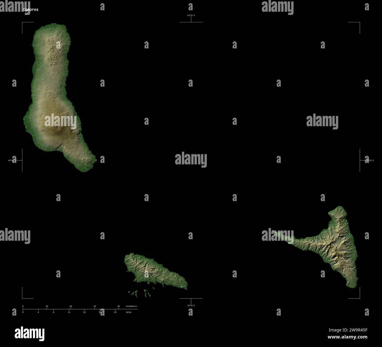 Shape of a Pale colored elevation map with lakes and rivers of the Comoros, with distance scale ...