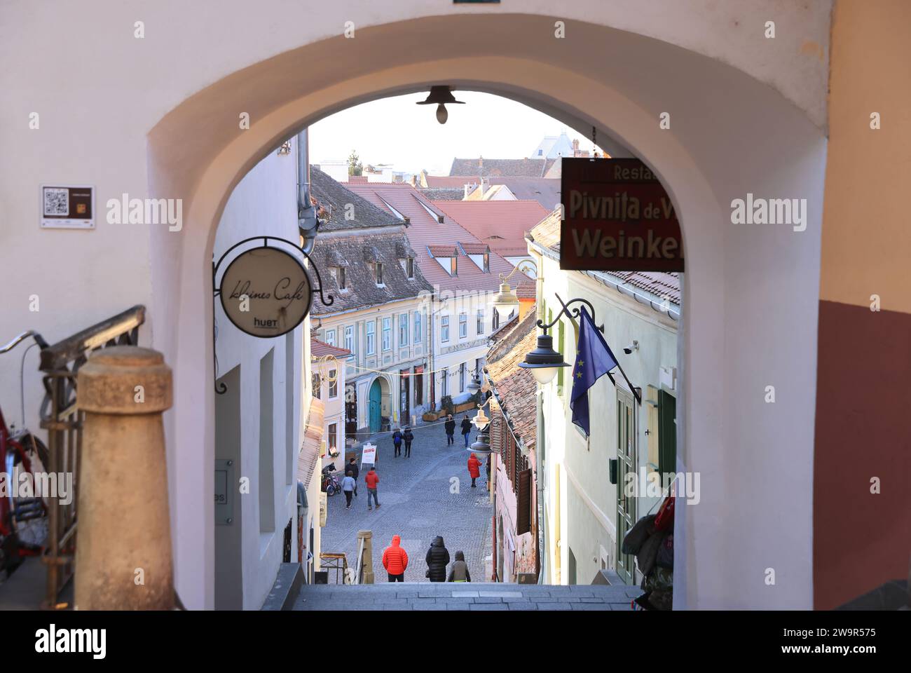 Lower Town in historical Sibiu, in winter weather, in Transylvania ...