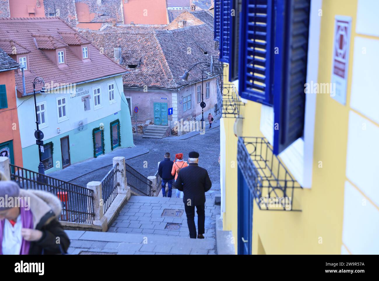 Lower Town in historical Sibiu, in winter weather, in Transylvania ...