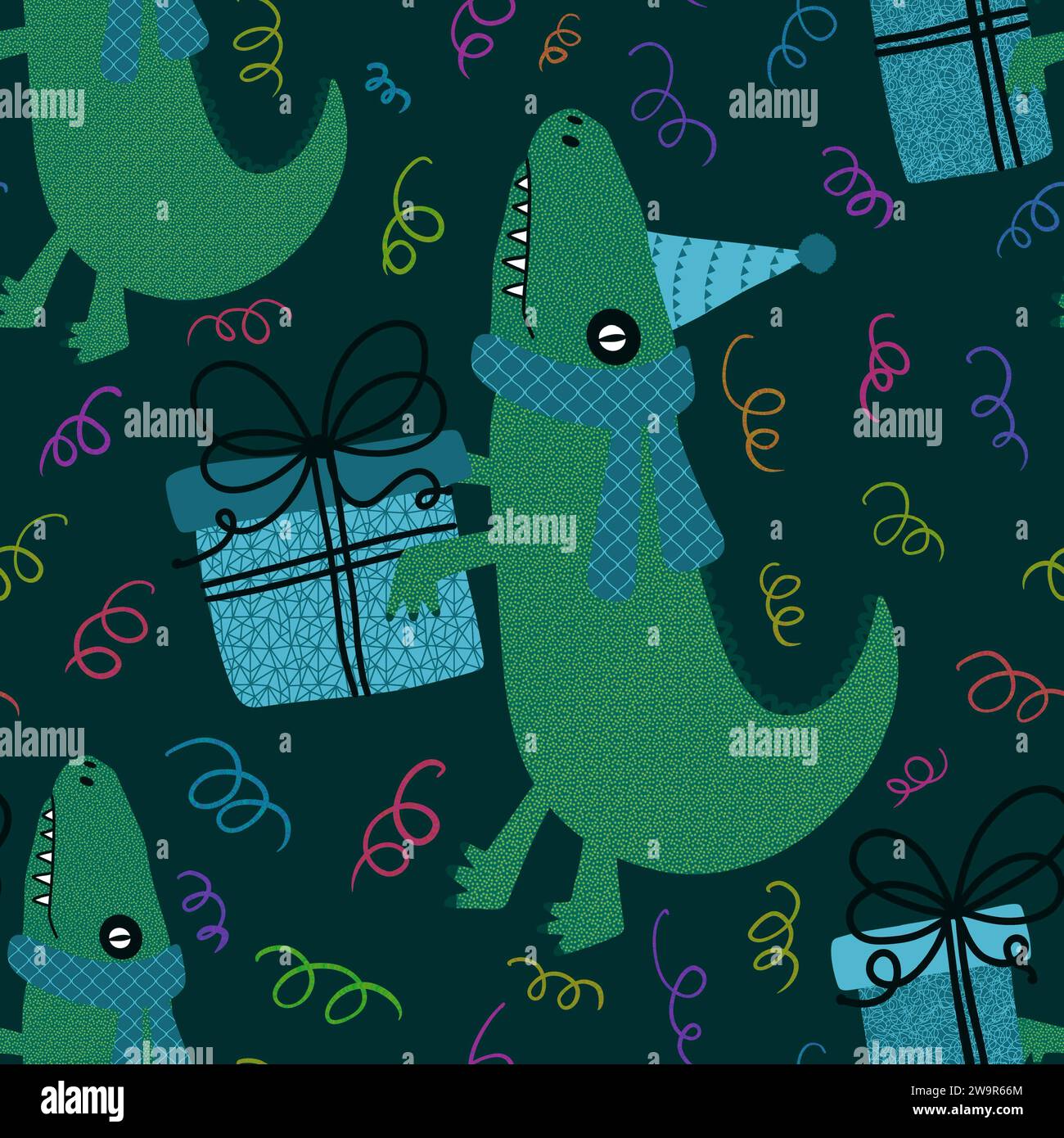 Birthday party seamless crocodile and gift box pattern for wrapping ...