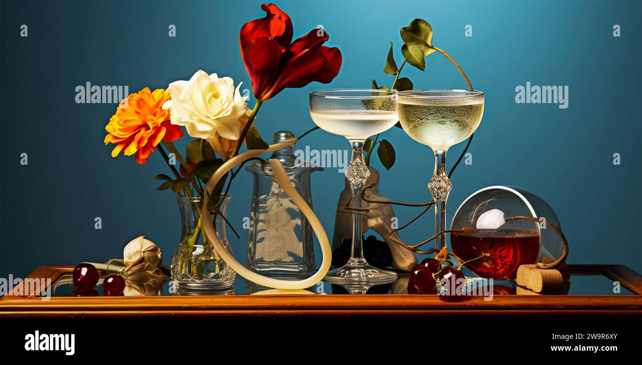 still life with glasses and flowers Stock Photo - Alamy