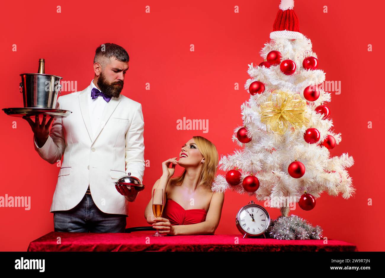 Merry Christmas and Happy New year. Romantic dinner in restaurant ...