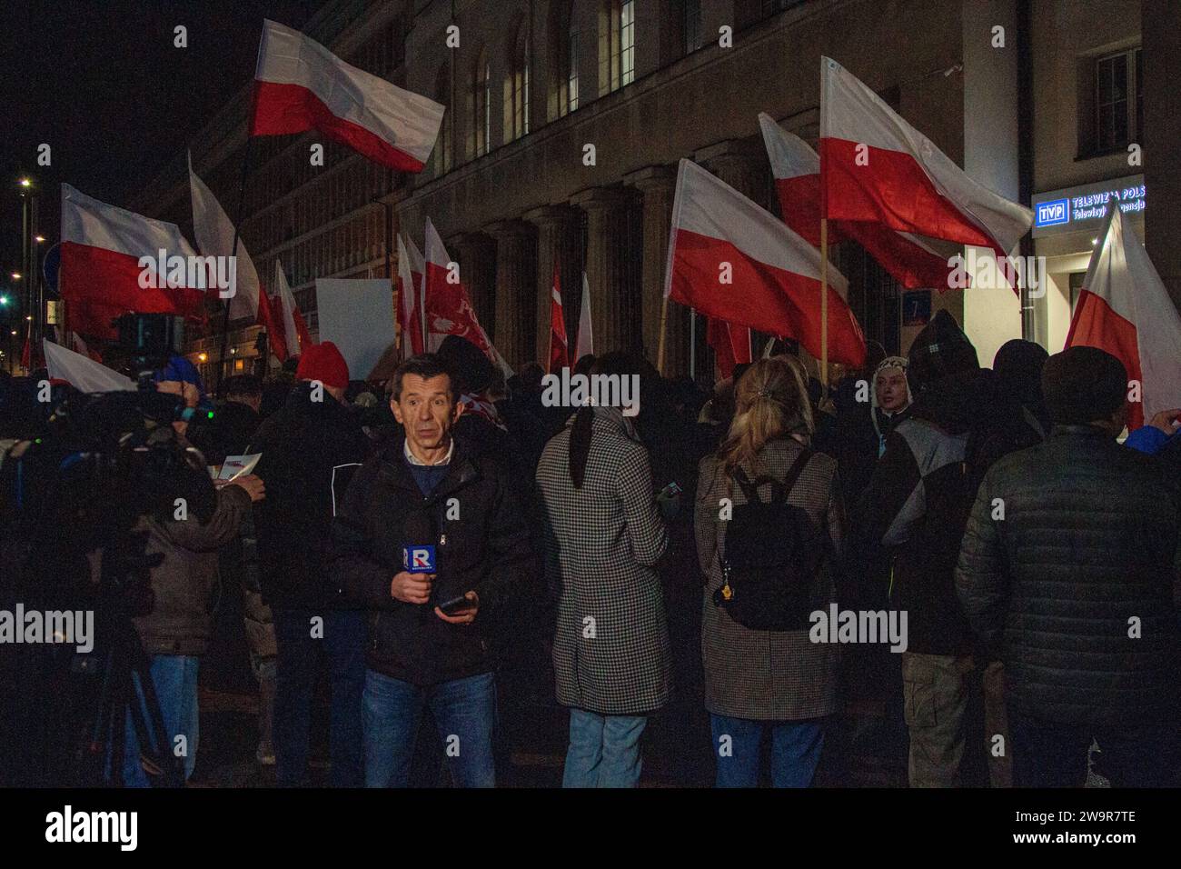 A pro-PiS reporter at Telewizja Republika broadcasts a protest in ...