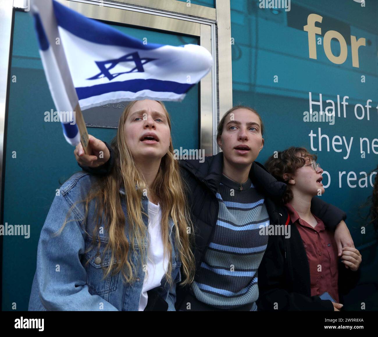 New York, New York, USA. 9th Oct, 2023. Three young female Pro Israeli ...