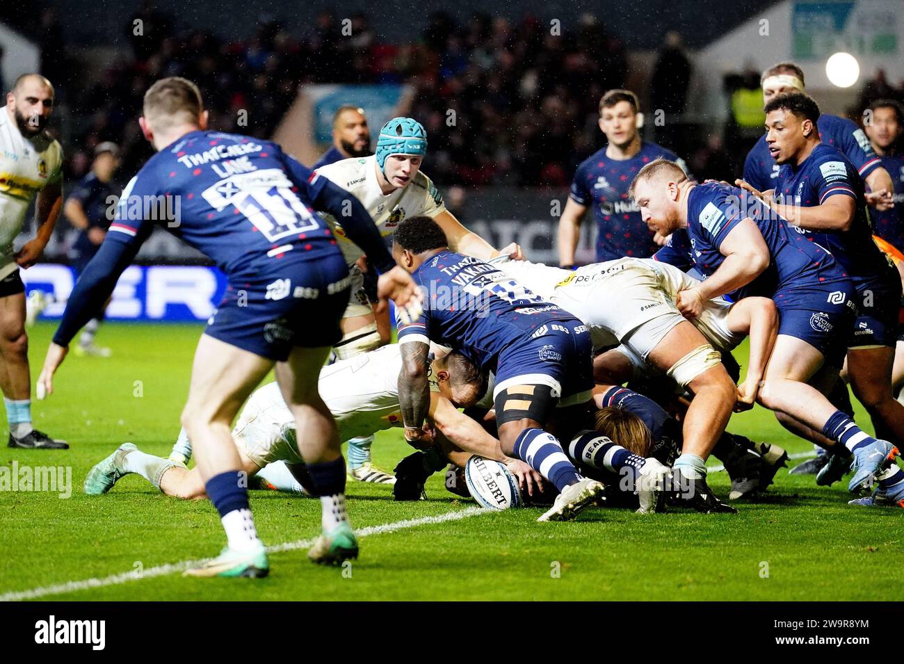 Exeter Chiefs' Stuart Townsend scores a try during the Gallagher ...
