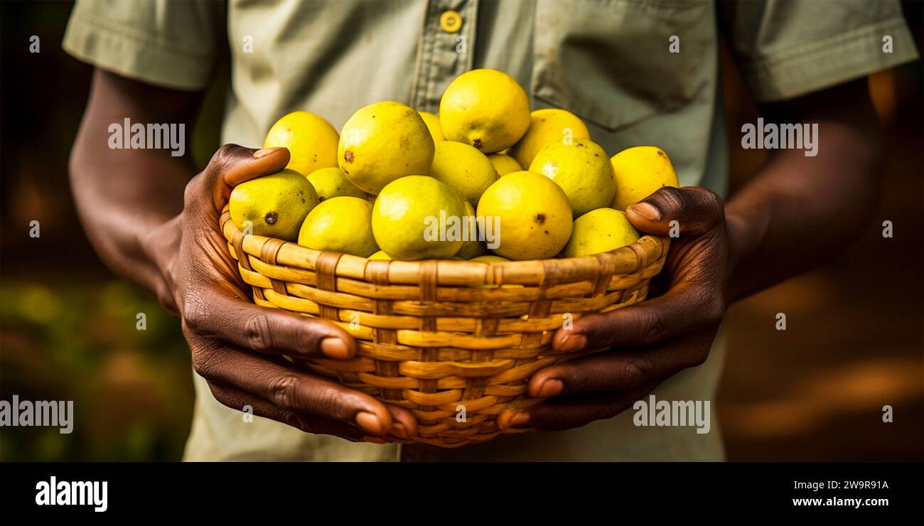 black man holding basket of yellow lemons Stock Photo - Alamy