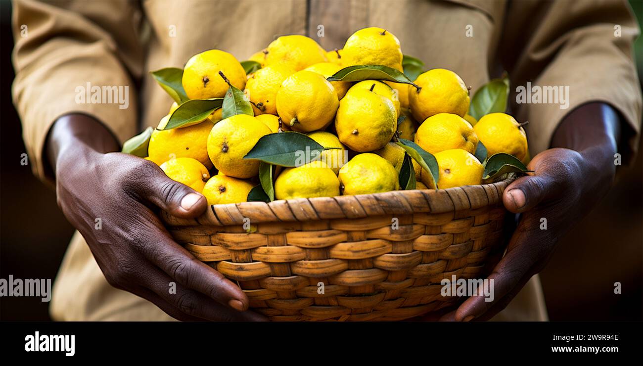 black man holding basket of yellow lemons Stock Photo - Alamy
