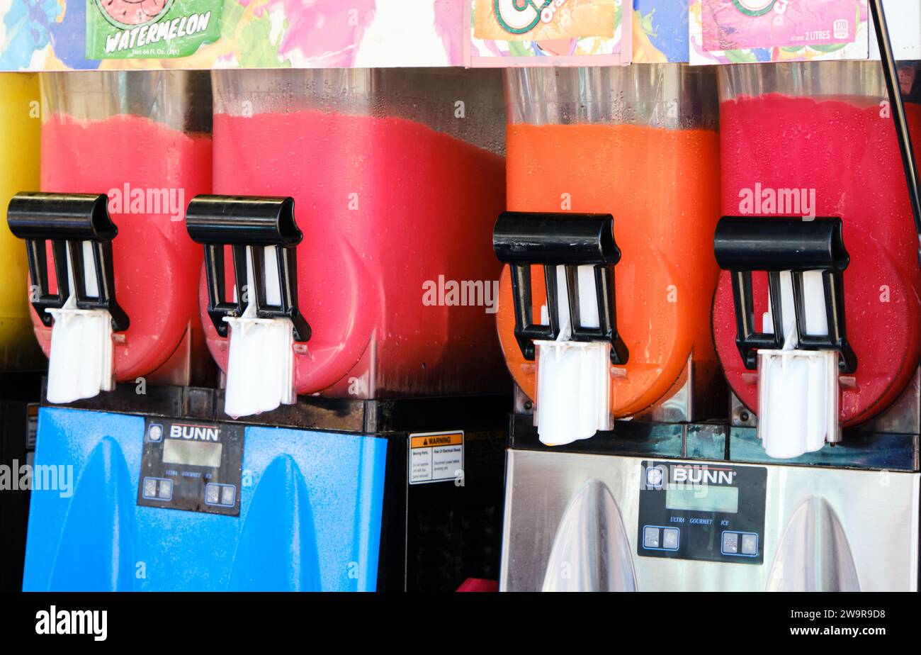 display of selection of various colourful flavours of Slush. Slushy ...