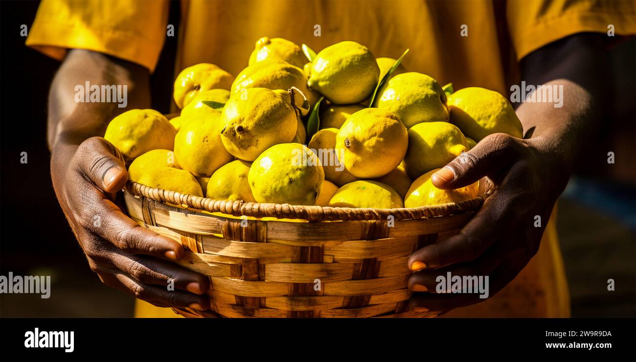 black man holding basket of yellow lemons Stock Photo - Alamy