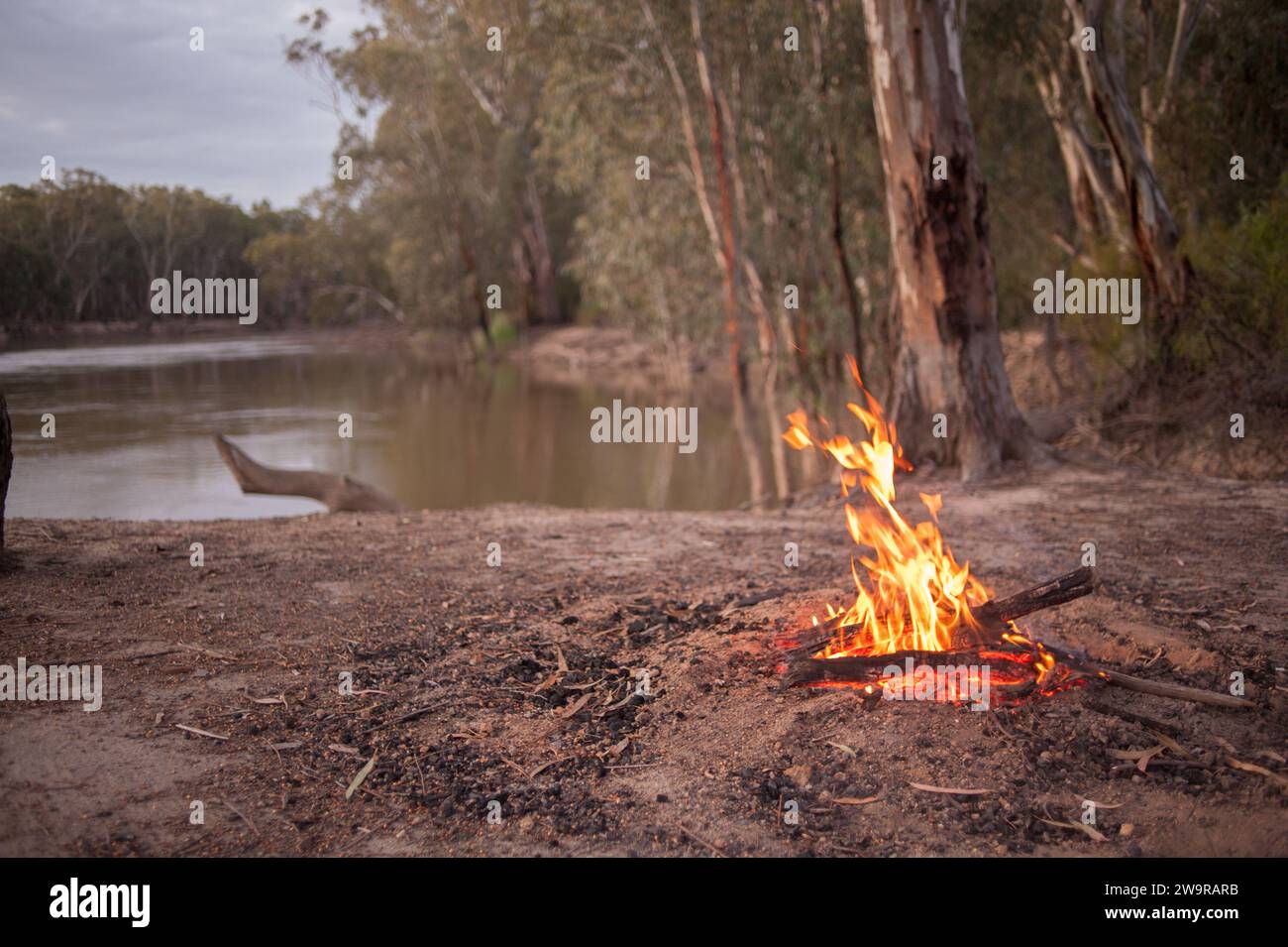 Campfire next to the Murray River in Victoria, Australia Stock Photo ...