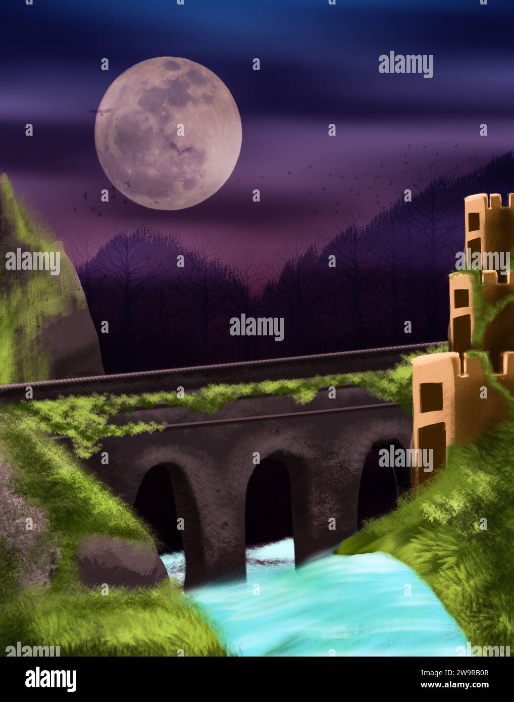 bridge background with moon sky and water fall Stock Photo - Alamy