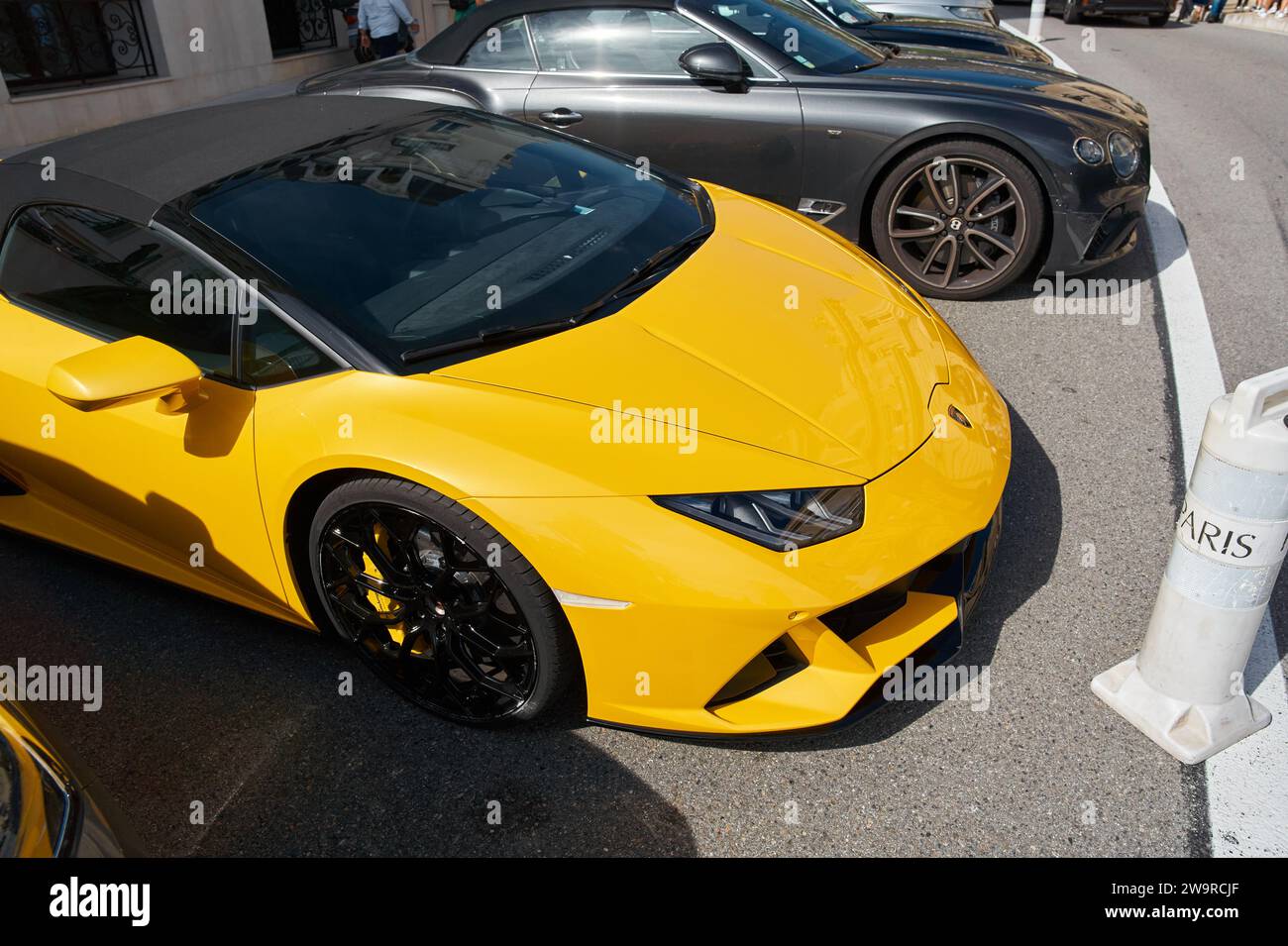 Monaco, Monte Carlo, 29 September 2022 - Close-up view of yellow sports ...