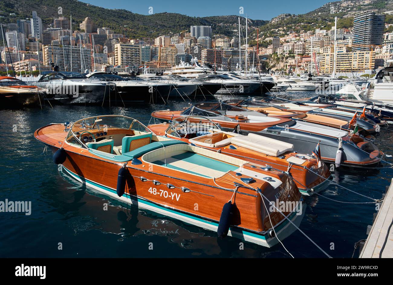 Monaco, Monte Carlo, 28 September 2022 - Riva boats in a row and a lot ...
