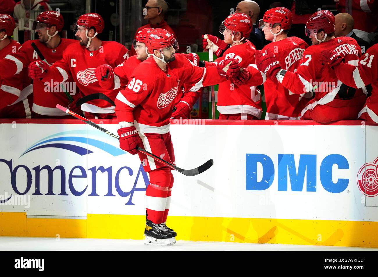Detroit Red Wings defenseman Jake Walman (96) greets teammates after ...