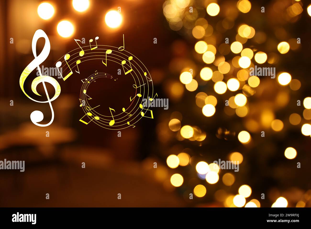 Music notes and blurred view of room decorated for Christmas and New ...