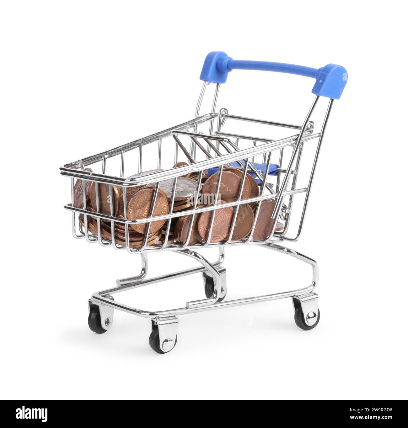 Small metal shopping cart with coins isolated on white Stock Photo - Alamy