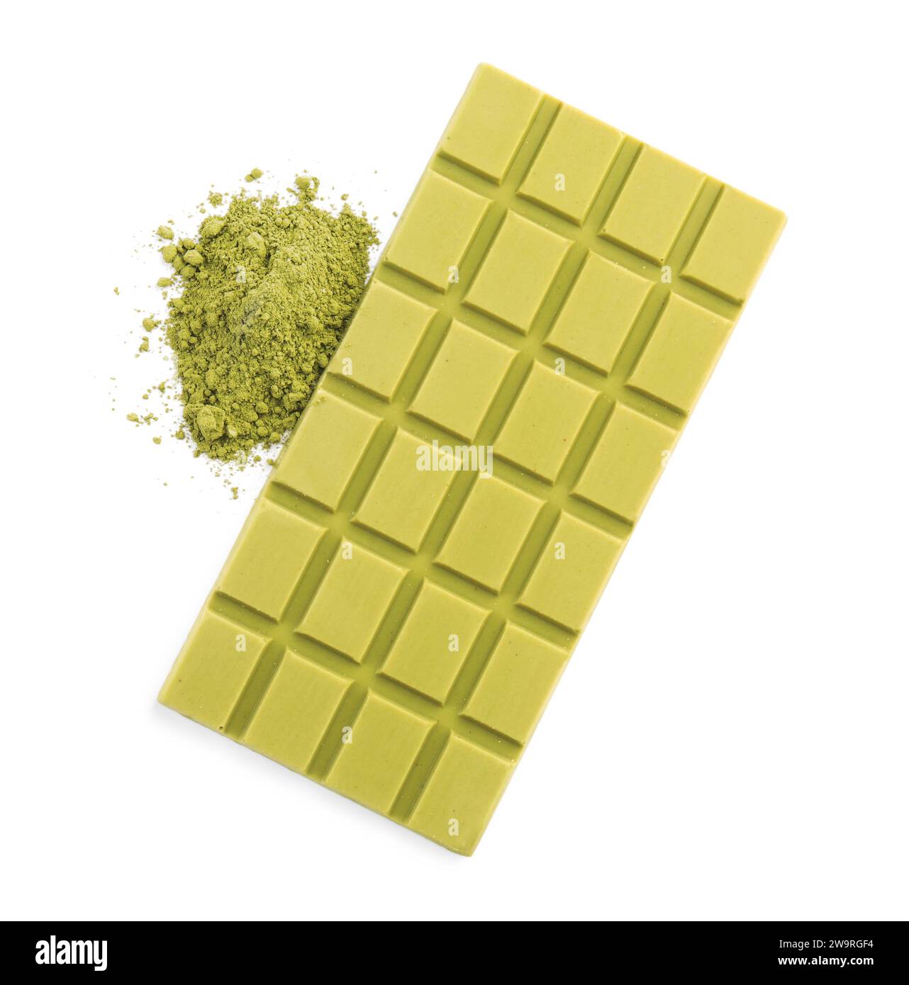 Tasty matcha chocolate bar and powder isolated on white, top view Stock ...