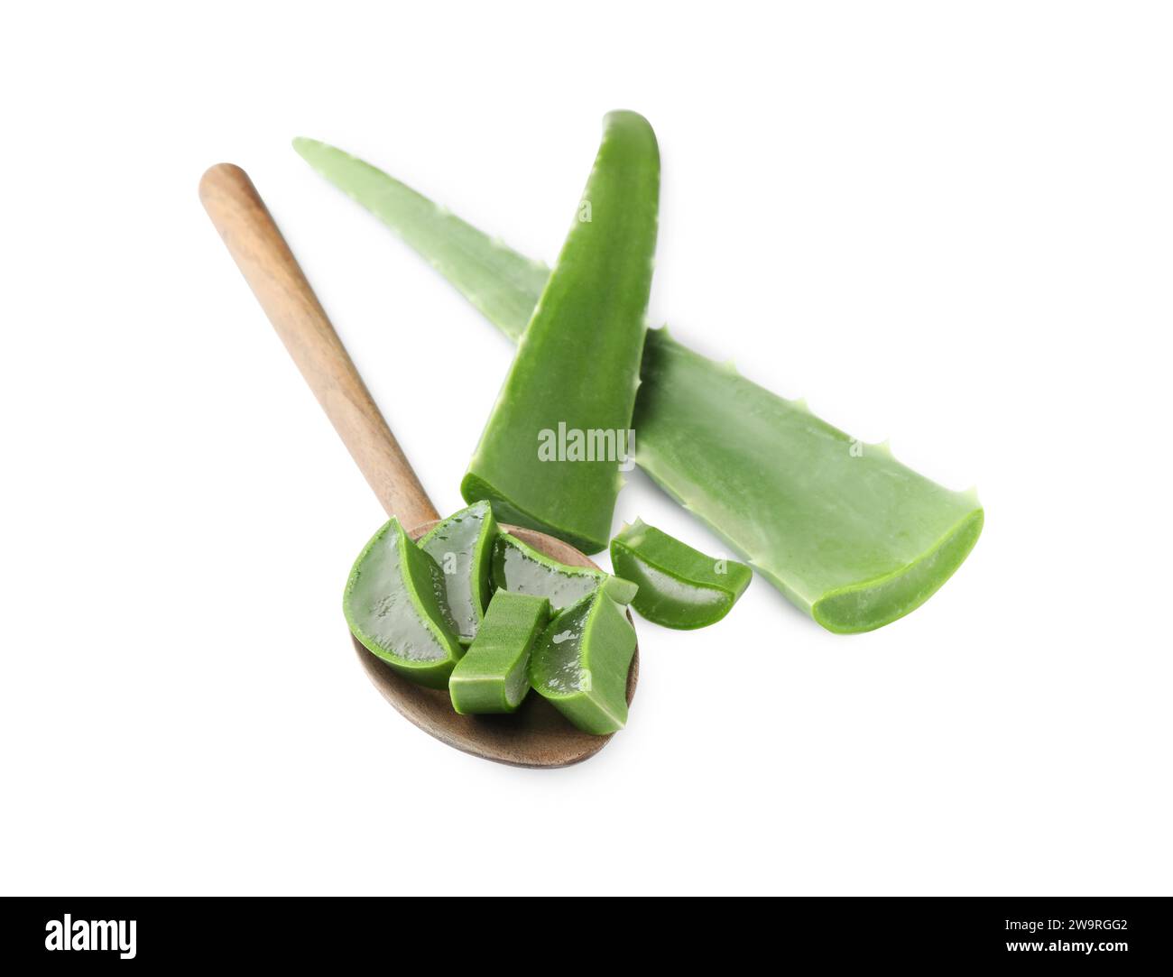 Wooden spoon with cut aloe vera isolated on white Stock Photo - Alamy
