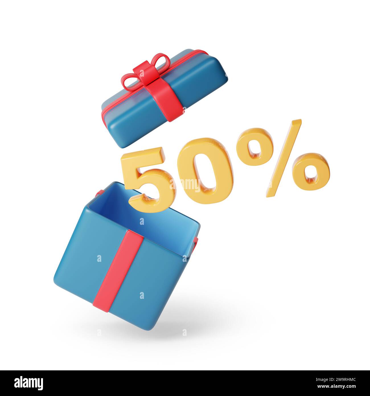 50 % solid text coming out of a gift box isolated on white background ...