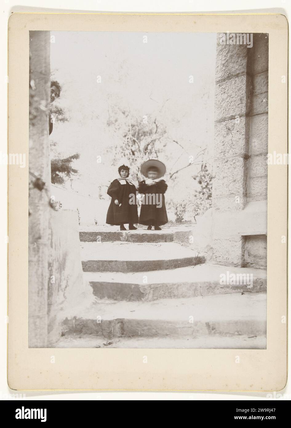 Two children and a woman at a staircase, 1896 photograph photographic ...