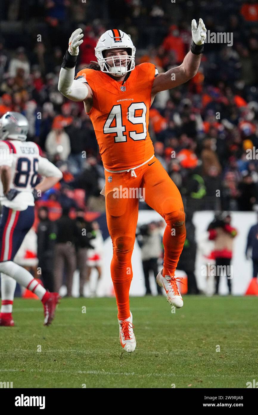 Denver Broncos linebacker Alex Singleton (49) celebrates a play against ...