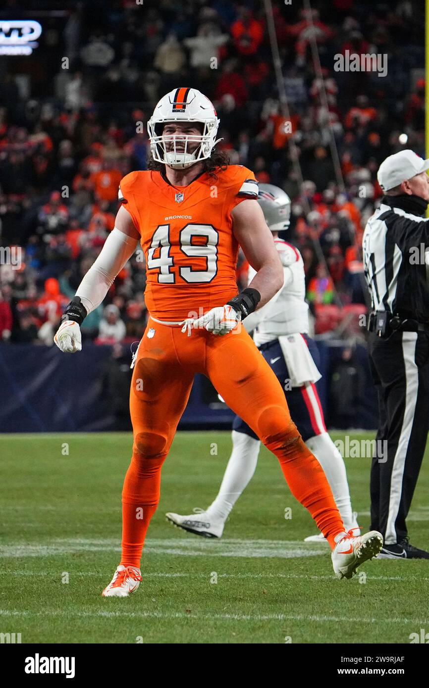 Denver Broncos linebacker Alex Singleton (49) celebrates a play against ...
