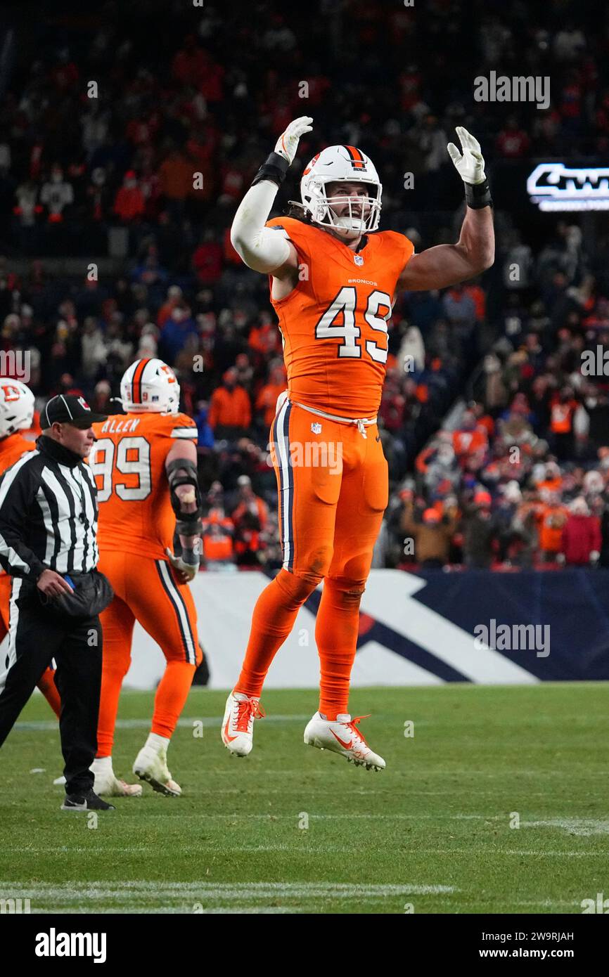 Denver Broncos linebacker Alex Singleton (49) celebrates a play against ...