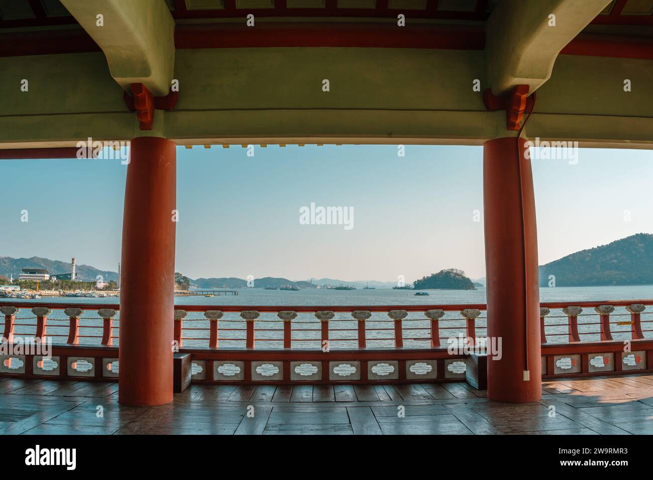 Jinhaeru Korean traditional pavilion and beach park view in Changwon ...