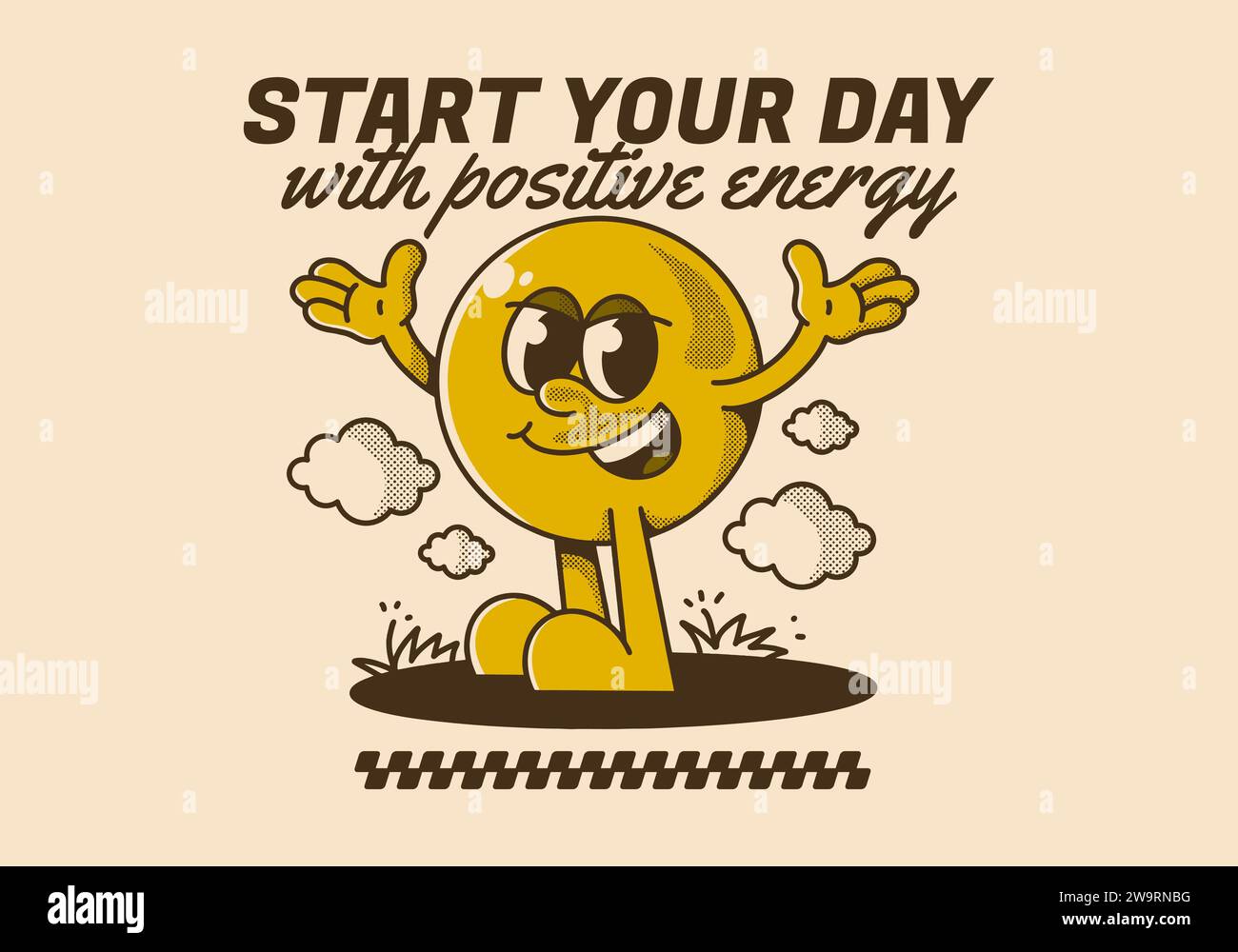 Start your day with positive energy. Ball head mascot character with ...