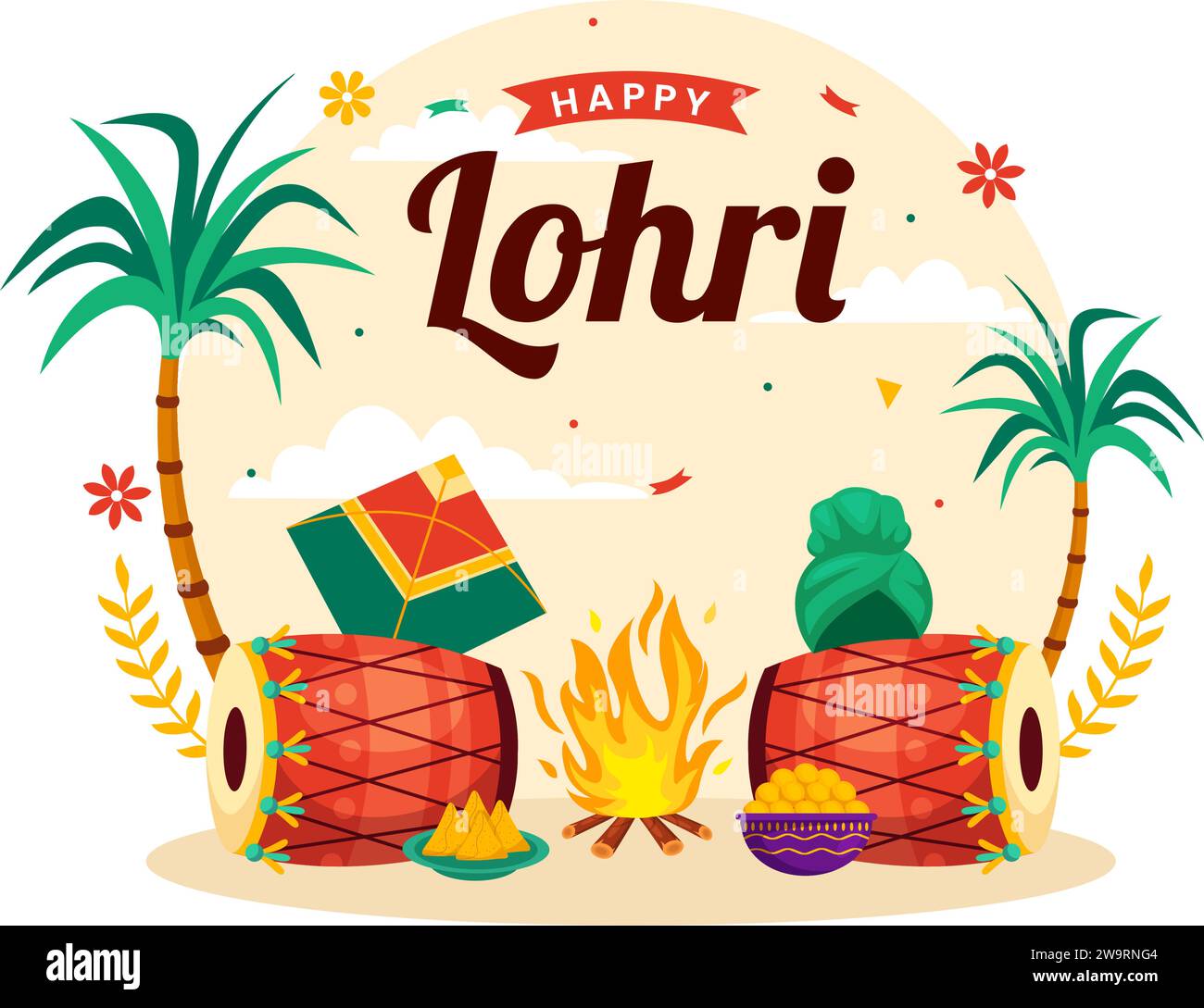Happy Lohri Festival of Punjab India Vector Illustration of Playing ...