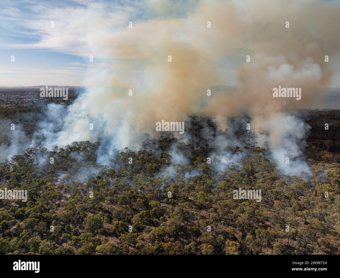Aerial view of smoke billowing from a fuel reduction burn in bushland ...