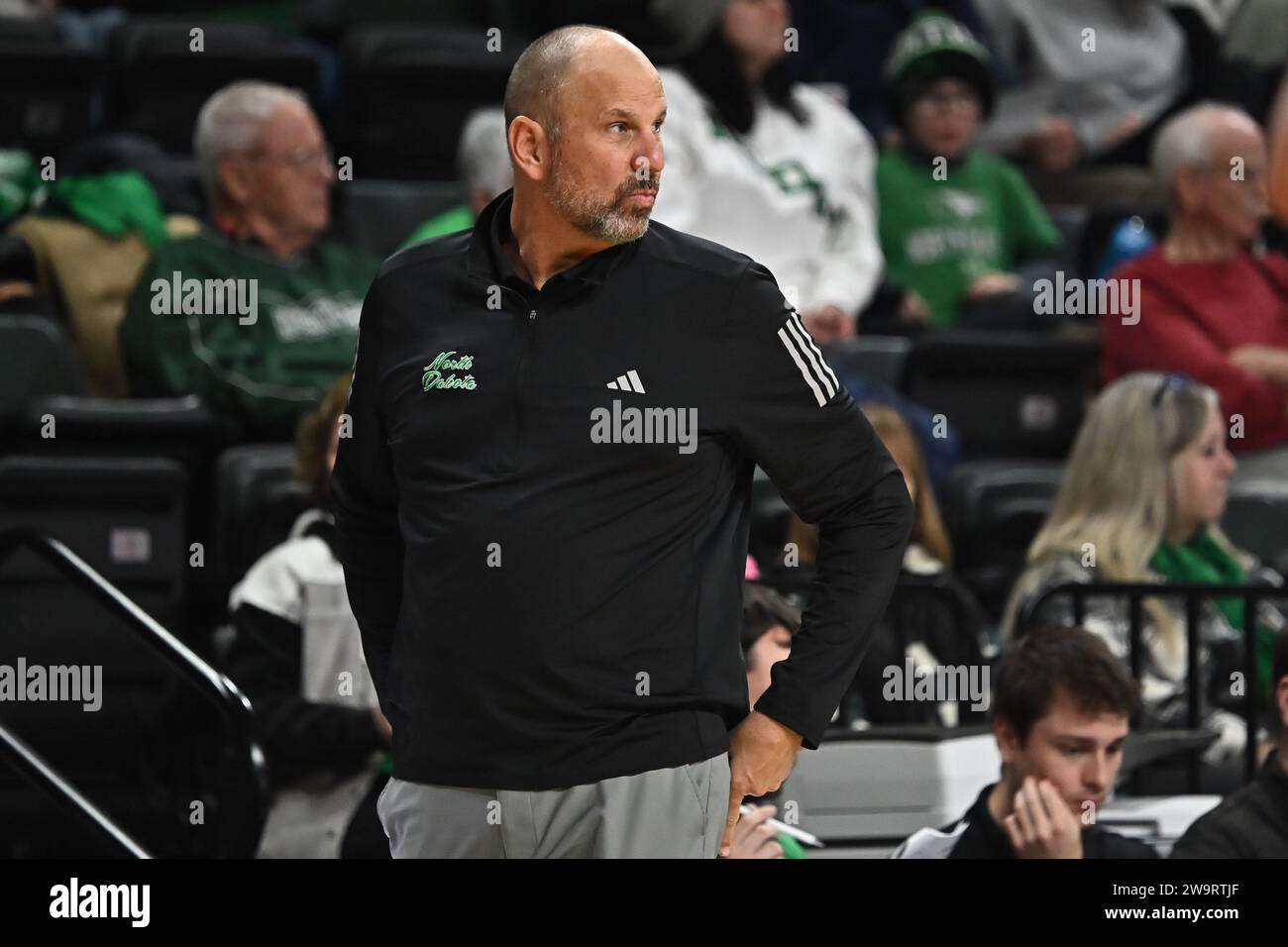 North Dakota Fighting Hawks head coach Paul Sather looks on during a ...