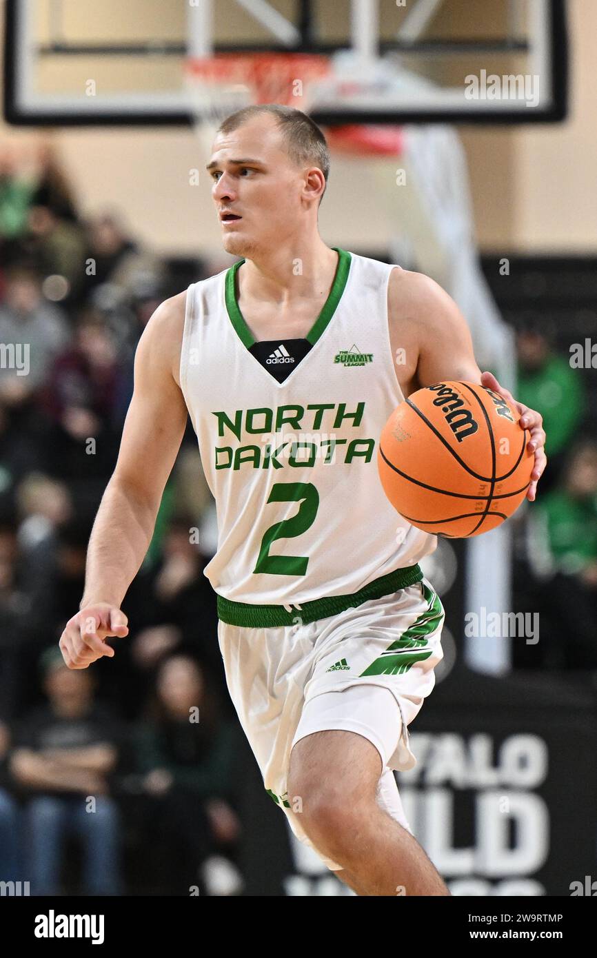North Dakota Fighting Hawks guard Eli King (2) brings teh ball up the ...