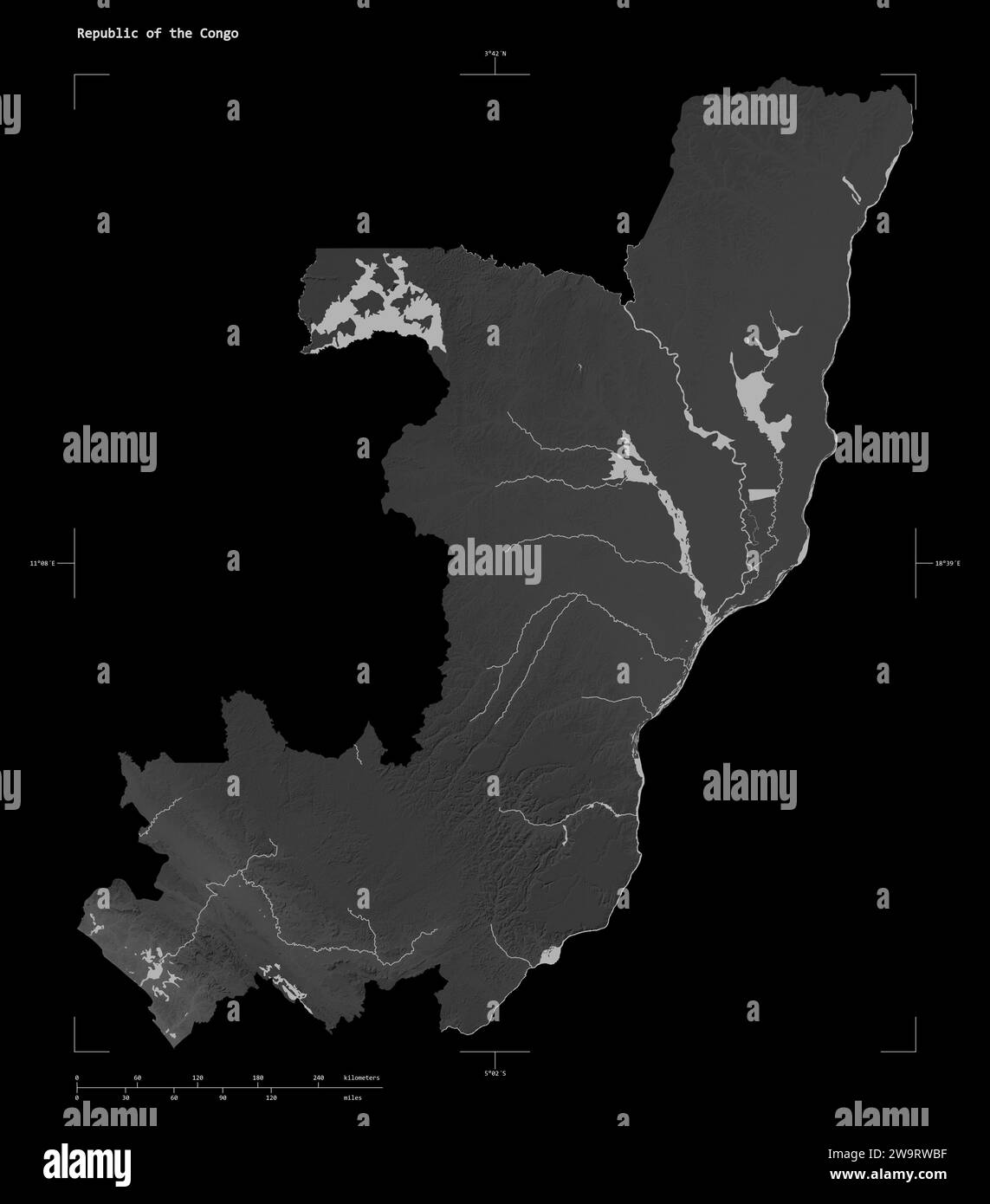 Shape of a Grayscale elevation map with lakes and rivers of the Republic of the Congo, with ...