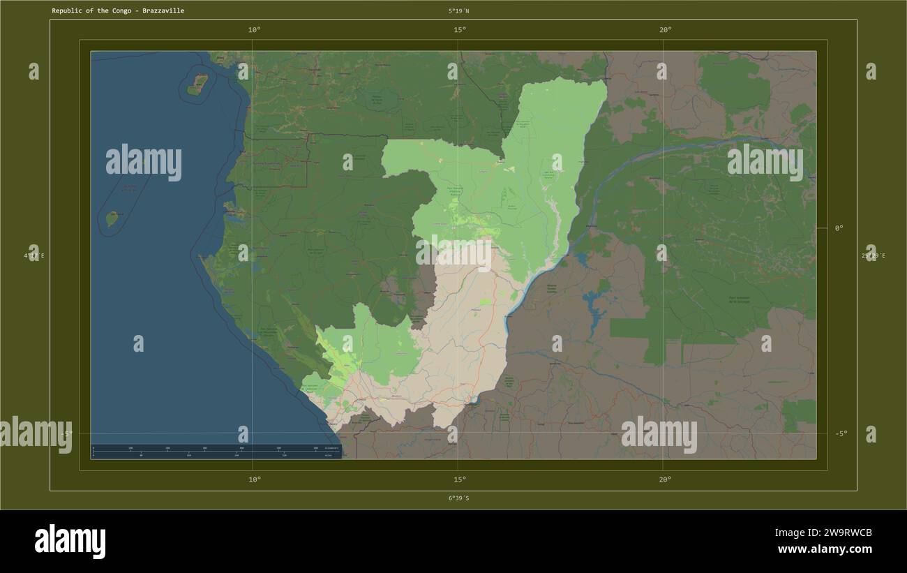 Republic of the Congo highlighted on a topographic, OSM standard style ...