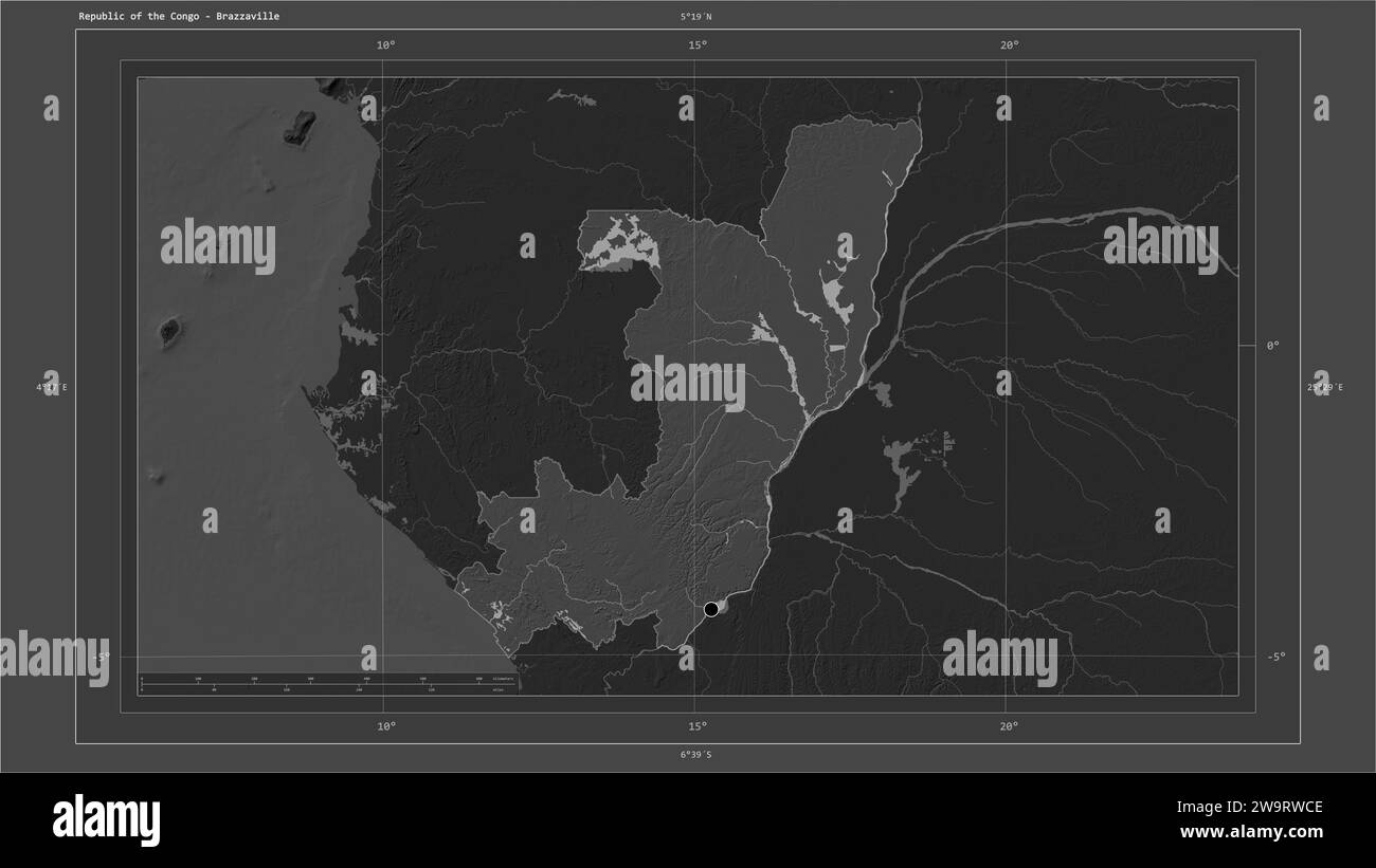 Republic of the Congo highlighted on a Bilevel elevation map with lakes ...
