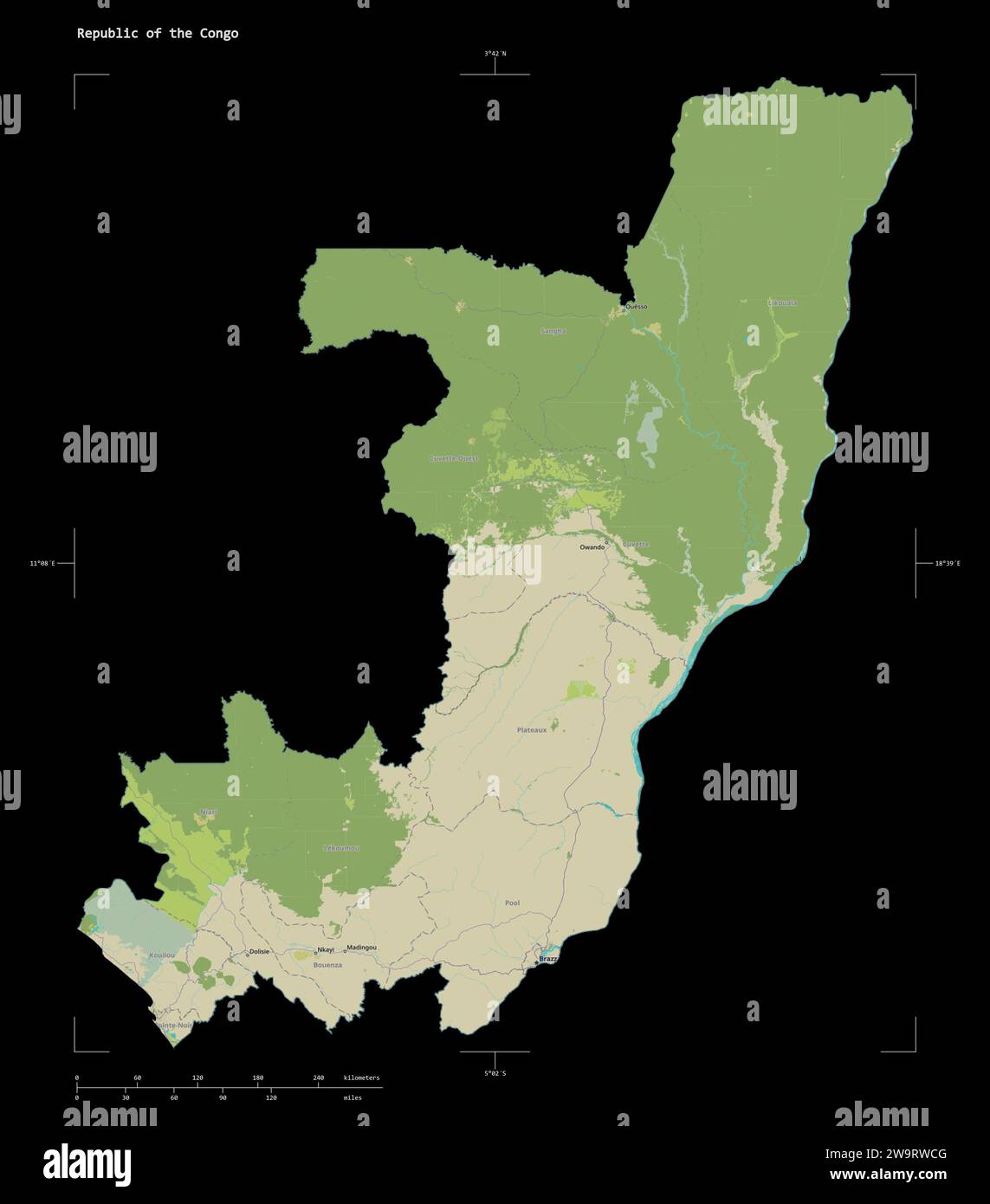 Shape of a topographic, OSM Humanitarian style map of the Republic of ...